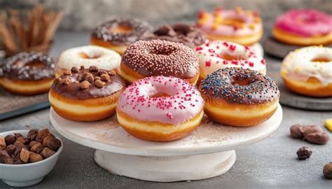 Flyer Design For Donut Shop Featuring Sweet Treats And Confections With Various Toppings Stock