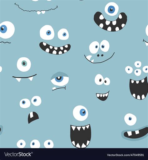 Cute Monster Faces Seamless Pattern Cartoon Vector Image