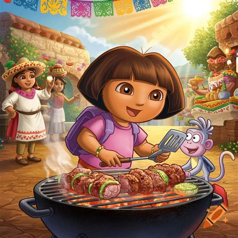 Dora The Explorer Looks Up At A Female Masked Luchador Flexing Her