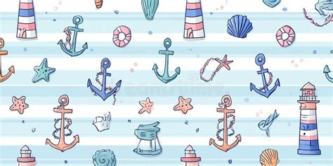 Nautical Themed Pattern Featuring Repeating Elements On A Blue And