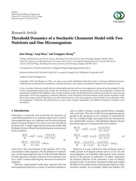 Pdf Threshold Dynamics Of A Stochastic Chemostat Model With Two