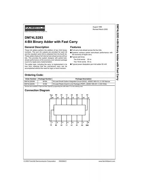 Dm74ls283 4 Bit Binary Adder With Fast Carry Datasheet Catalog