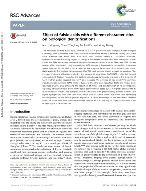 PDF Effect Of Fulvic Acids With Different Characteristics On Biological Denitrification