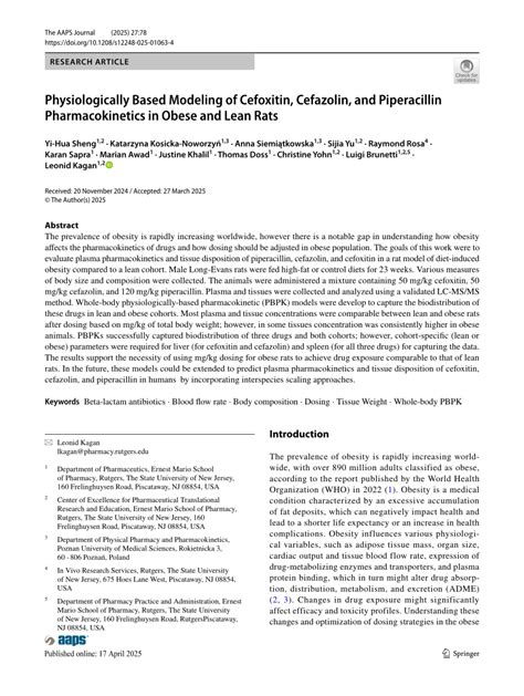 Pdf Physiologically Based Modeling Of Cefoxitin Cefazolin And