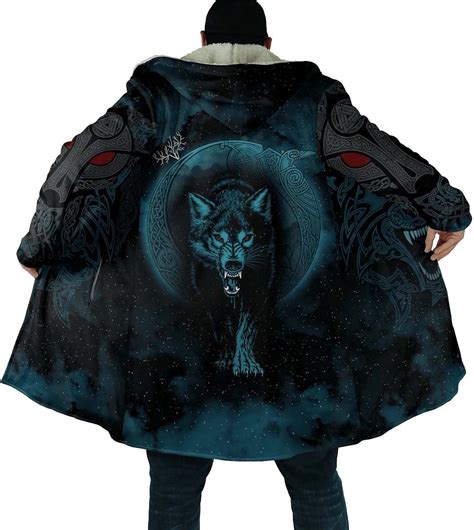 Viking Mens Mid Length Warm Thickened Parka Jacket Fenrir Wolf Tattoo
