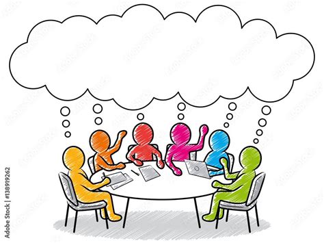 Farbige Strichmännchen Team Besprechung Am Runden Tisch Mit Gemeinsame
