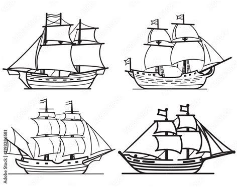Set Of Old Sailing Ship Line Art Vector Illustration Outline Coloring Page Design Stock Vector