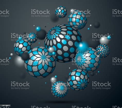 사실적인 장식 된 구 벡터 일러스트레이션 패턴과 필드 효과의 깊이와 아름다운 공추상 적 배경 3d 글로브 디자인 개념 예술 3차원 형태에 대한 스톡 사진 및 기타 이미지