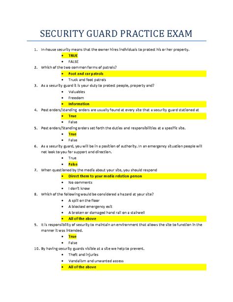Test About 50 Questions Security Guard Practice Exam In House