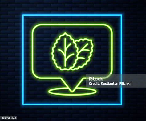 Glowing Neon Line Ikon Daun Tembakau Terisolasi Pada Latar Belakang Dinding Bata Daun Tembakau