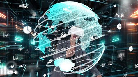 Businesswoman Explaining World Data Rotating Analysis By Vr Server