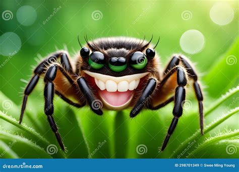 Image Of Cartoon Jumping Spider Smiling Like Human Mouth Feature Stock