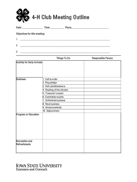 4 H Club Meeting Outline Template Blank Fillable Template Fill Out