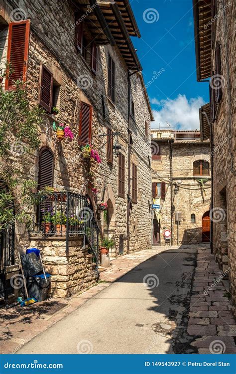 Streets And Beautiful Buildings In Medieval City Of Assisi Umbria