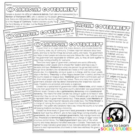 Lucky To Learn Social Studies Canadian Government Reading Passage