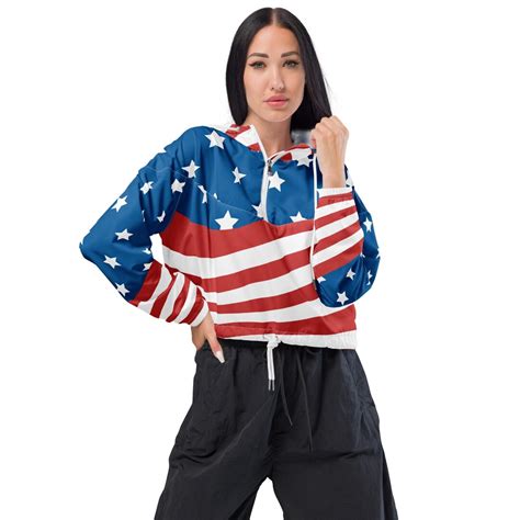 Womens Cropped Windbreaker Usa Flag Design America Etsy