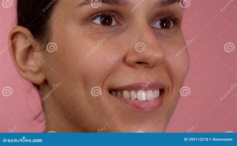 Closeup Shot Of Young Beautiful Caucasian Girl Face With Open Eyes Natural Soft Skin And No