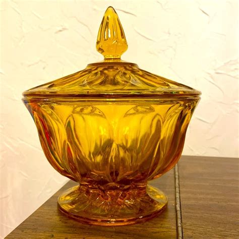 Anchor Hocking Art Anchor Hocking Fairfield Amber Honeyyellow Glass Covered Candy Dish 6