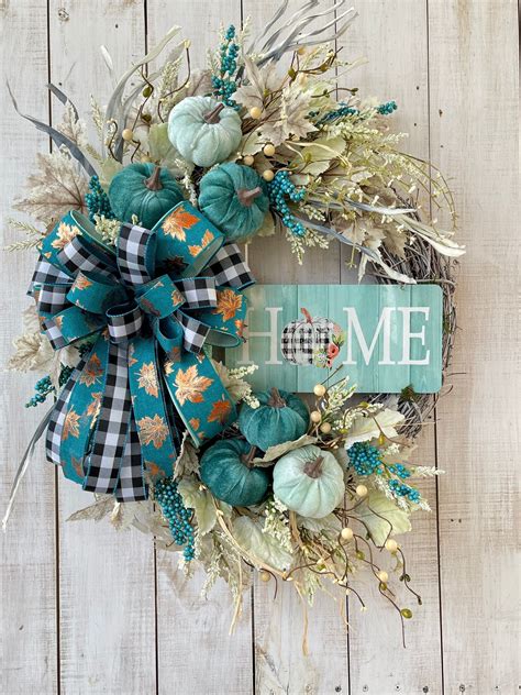 Teal Pumpkin Fall Wreath Buffalo Plaid Farmhouse Decor Etsy Fall