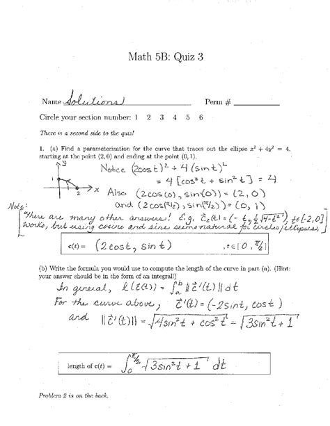 Solutions To Quiz 3 Vector Calculus 1 Math 5b Docsity