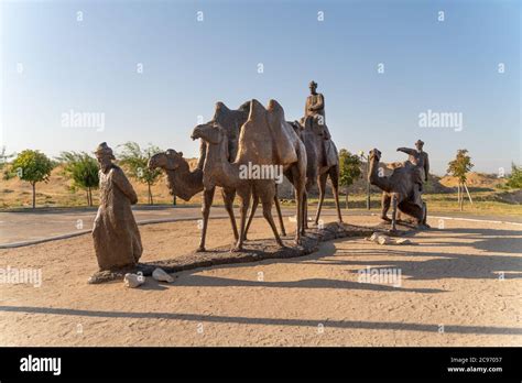 The Old Bronze Statue Of Camels Caravan In Uzbekistan Samarkand Stock