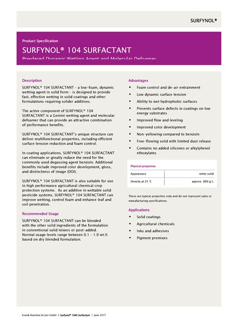 Surfynol 104 Surfactant 0618 En Oi Product Specification 104