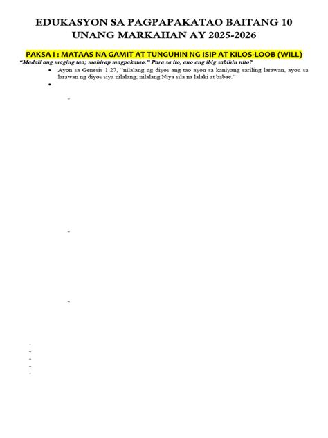Values Ed Esp Grade 10 1st Quarter 2025 2026 Pdf