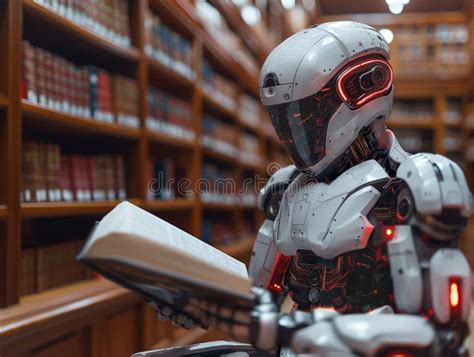 Modern Robot In The Library Reads Books Ai Research Of Robot And