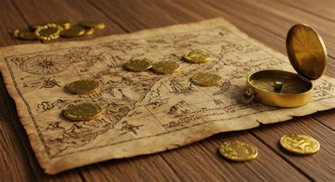 Vintage Treasure Map With Gold Coins And Compass On Wooden Table Stock