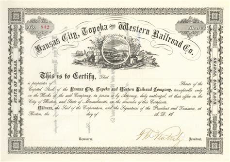 Kansas City Topeka And Western Railroad Co Circa 1880s Railway Stock Certificate Branch