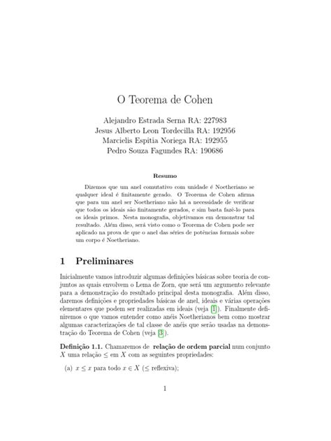 O Teorema De Cohen Afirma Que Para Um Anel Ser Noetheriano Basta