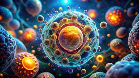 Breathtaking Generative Ai Image Microscopic Cell Nucleus Explodes With Vibrant Detail Stock
