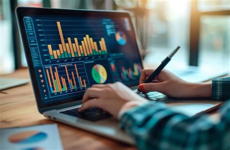 Woman Working On Laptop With Data Analysis Charts Premium Ai