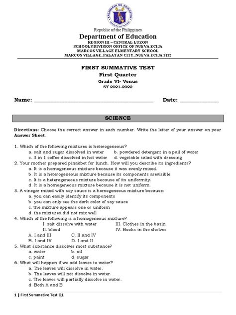 Summative Test 1 Q1 Pdf Mixture Trees
