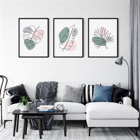 Botanical Line Art Prints Set Of 3 Minimalist Tropical Leaf Art