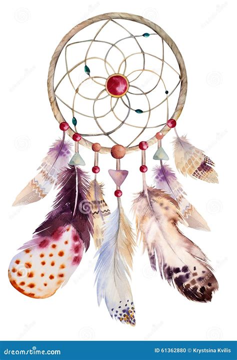 Watercolor Dreamcatcher With Beads And Feathers Stock Illustration