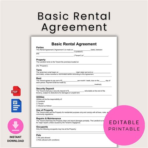 Basic Rental Agreement Template Printable And Fillable Lease Form