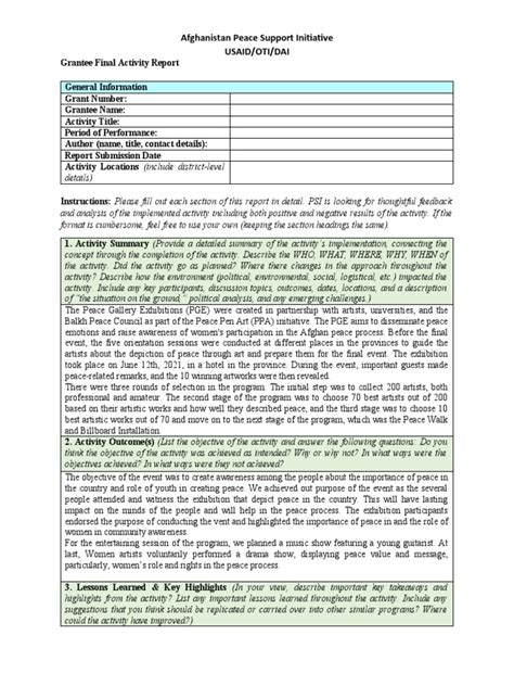 Grantee Final Activity Report Apsi Template Pdf Social Media