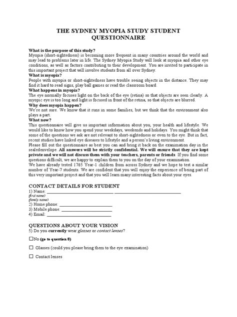 The Sydney Myopia Study Student Questionnaire Pdf Food And Drink