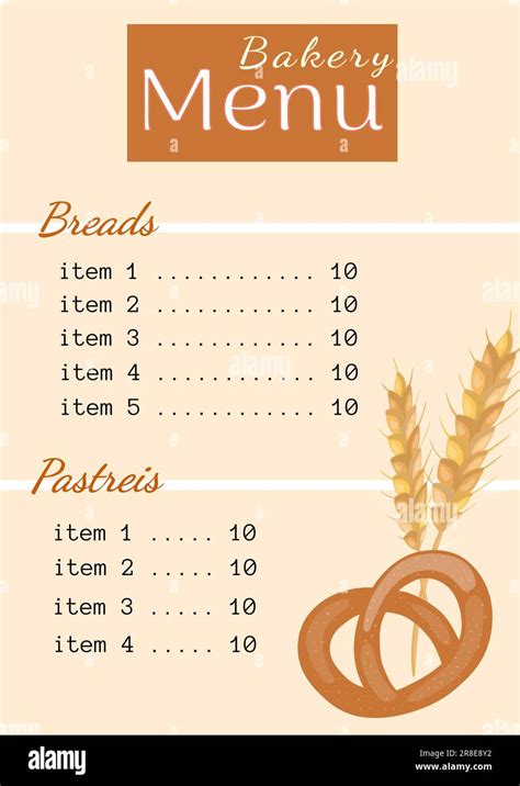 Illustration Of Bakery Menu With Bread And Pastry Items And Prices