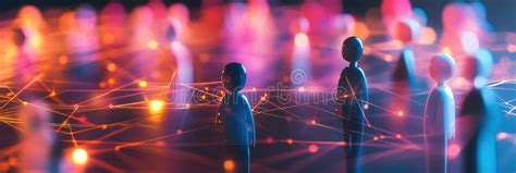 Colorful Three Dimensional Avatars Connected Through Glowing Digital Network Lines Illustrating