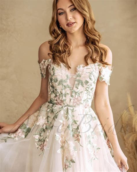 Floral Off Shoulder Wedding Dress A Line Forest Dress Wedding Colorful Rustic Bridal Dress With