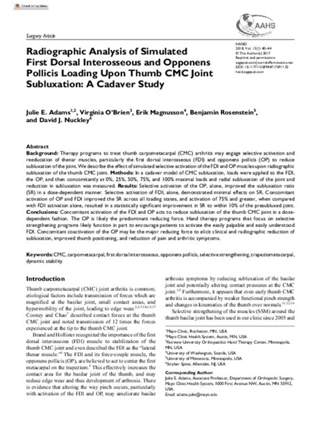 Pdf Radiographic Analysis Of Simulated First Dorsal Interosseous And Opponens Pollicis Loading
