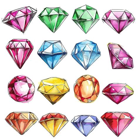 Watercolor Vibrant Gemstones And Diamonds Illustration Premium Ai