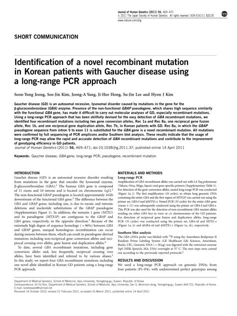 Pdf Identification Of A Novel Recombinant Mutation In Korean Patients With Gaucher Disease