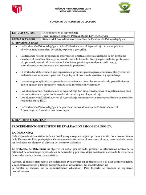 Formato De Resumen De Lectura Pdf Evaluación Aprendizaje