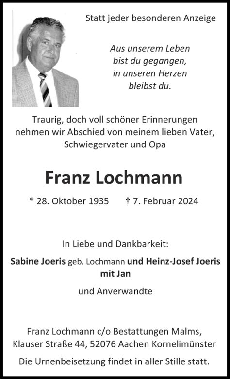 Traueranzeigen Von Franz Lochmann Aachen Gedenkt