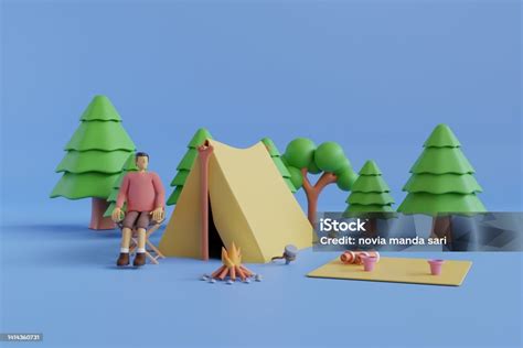 3d 만화 캠프 파이어와 소나무 숲의 텐트 낮은 폴리 기하학적 전나무와 캠프 파이어 및 하이킹 주전자 근처의 텐트의 3d 그림