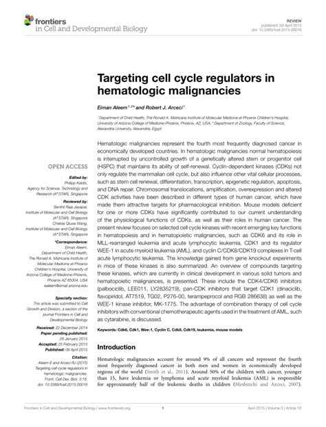 Pdf Targeting Cell Cycle Regulators In Hematologic Malignancies
