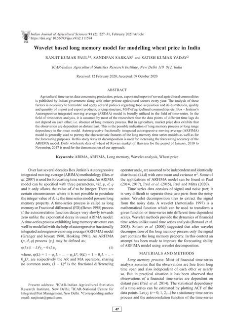 Pdf Wavelet Based Long Memory Model For Modelling Wheat Price In India